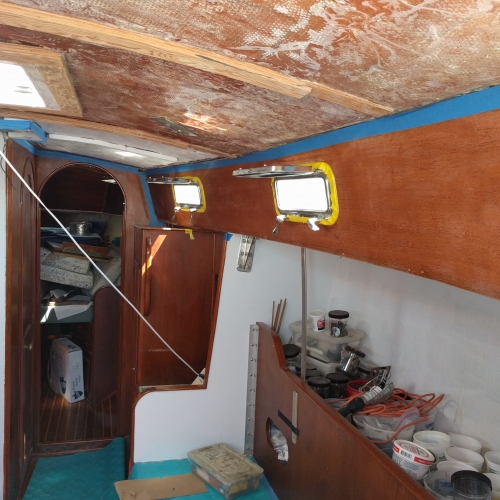 starboard overhead and side walls prepped for painting | Morgan 38 ...